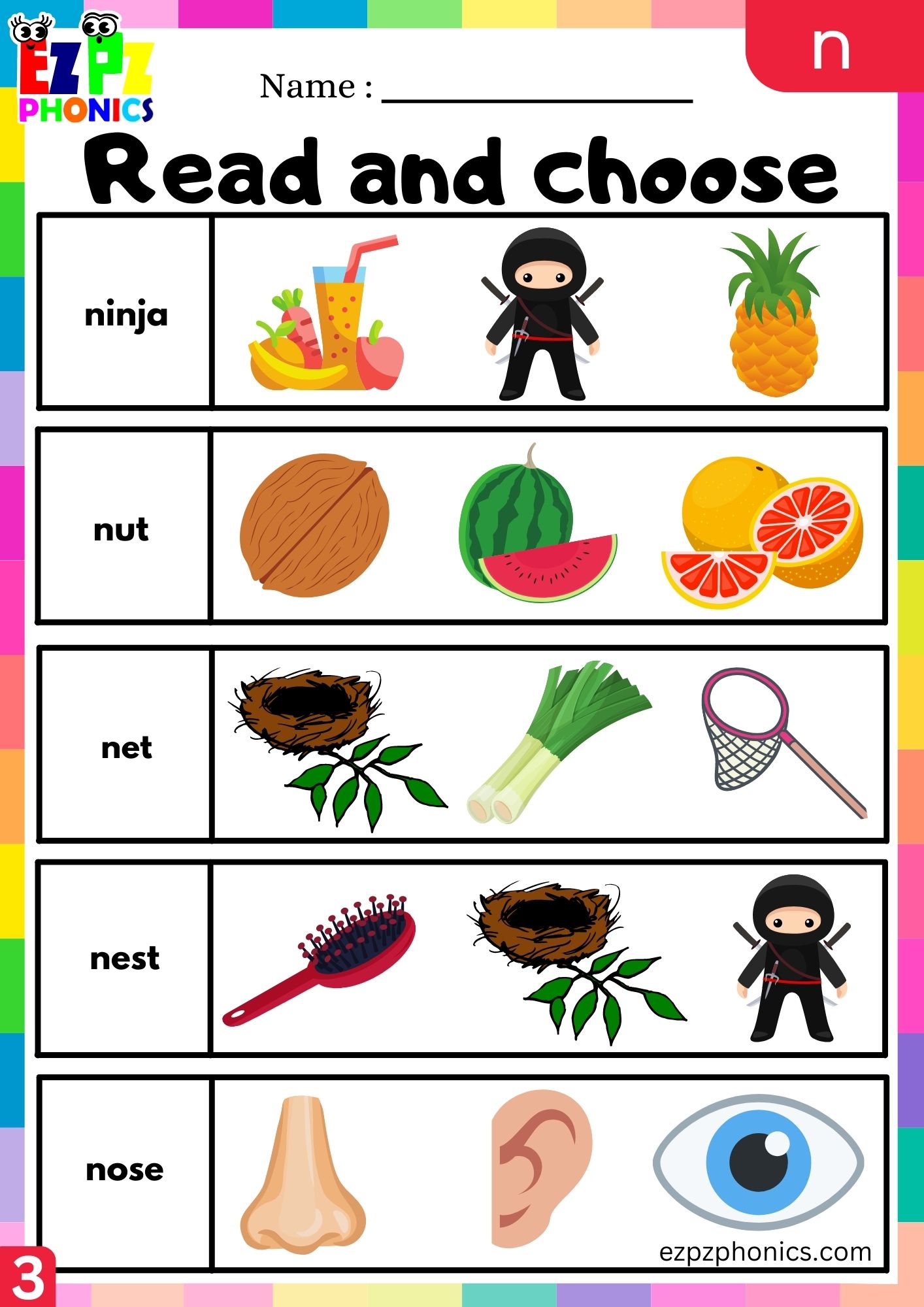 Letter n Read and Choose the Correct Image Phonics Activity Group 3 - ezpzphonics.com